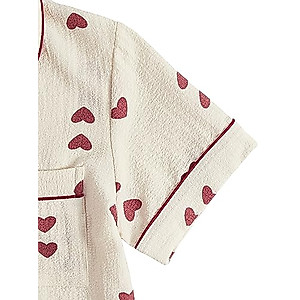 Verdusa Women's Two Piece Heart Print Button Down Collar Shirts and Shorts PJ Sets Beige M