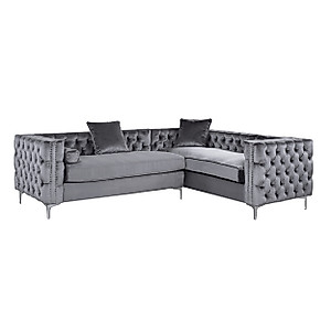 Iconic Home Mozart Elegant Velvet Modern Deeply Tufted with Silver Nailhead Trim Chrome Legs Right Facing Sectional Sofa, Grey