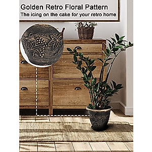 MADHOLLY Plant Pots with Drainage Holes & Saucers- Lightweight Resin Flower Pots- Retro Decorative Resin Planters for Indoor Outdoor Garden Flowers Plants (3 Pack)