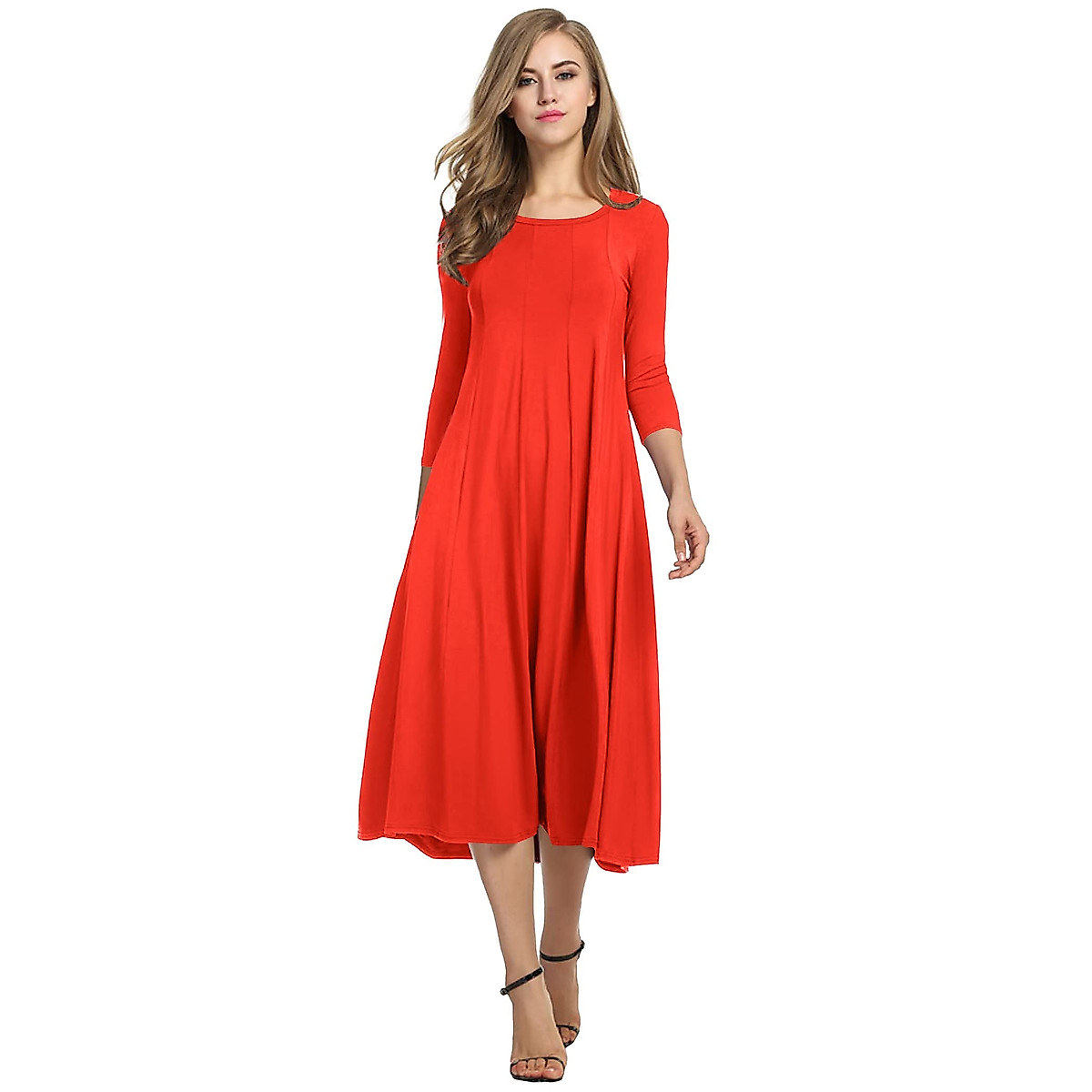 HOTOUCH Women Soft Casual Dress 3/4 Sleeve Midi Long Dresses (Red L)