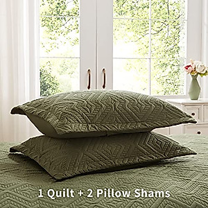 LEAONME Full/Queen Quilt Set 3 Pieces, Lightweight Olive Green Bedspread-90''x98'', Soft Microfiber Summer Quilt/Coverlet, Luxurious Warm Bedding Sets for All Seasons (Includes 1 Quilt, 2 Shams)