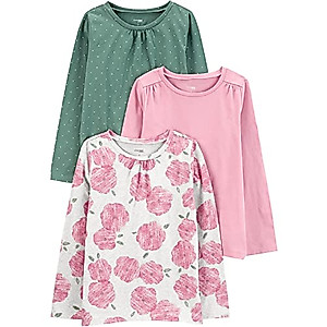 Simple Joys by Carter's Girls' Long-Sleeve Shirts, Pack of 3, Green Dots/Grey Floral/Pink, 8