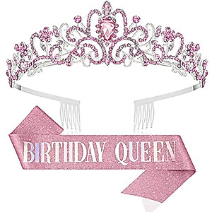 Makone Birthday Tiara for Women, Birthday Queen Crowns with Birthday Girl Sash, Crown for Girls Pink, Rhinestone Tiaras with Combs, Crystal Headband Hair Accessories Glitter Sash for Party