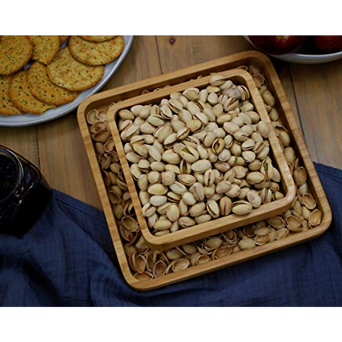 Penko Bamboo Pistachio Snack Bowl Double Dish Holder Bowl Pedestal and Sunflower Seed Nut Bowl with Shell Storage