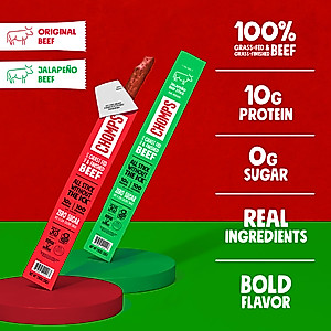 CHOMPS Grass Fed Beef Jerky Sticks, Beef Variety Pack, 10 Sticks: (5) Original Beef, (5) Jalapeno Beef…