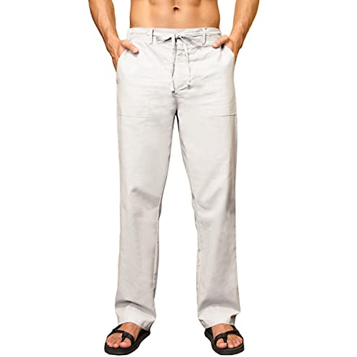 JMIERR Mens Casual Linen Pants Loose Fit Straight Legs Lightweight Elastic Waist Drawstring Trousers Summer Beach Yoga Pant Baggy US 34(M) White