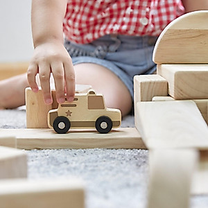 Guidecraft Mini Wooden Trucks - Set of 10: Toddlers Toy Set, Cement Mixer, Fire Truck, Police Car, Taxi Car, School Bus, Dump Truck, Ambulance, Fork Lift, Front Loader and Farm Truck Set