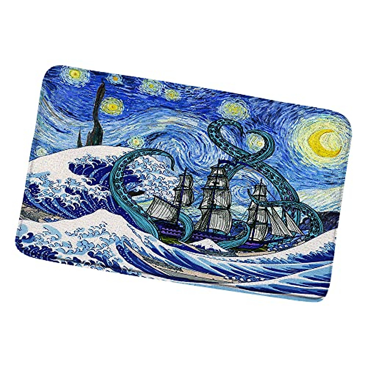 Octopus Tentacle Bath Mats Kraken Japanese Waves Starry Sky Marine Life Bathroom Rugs Beach Soft Absorbent Flannel Shower Floor Carpet Non-Slip Backing 18x30 Inch