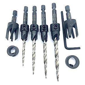 FTG USA Wood Countersink Drill Bit Set Sizes 6 8 10 12 Countersink Tapered Drill Bits, 2 Wood Plug Cutter 3/8" & 1/2" with 3 Replacement Bits #8 (11/64"), 2 Stop Collars, 1 Allen Wrench, Hex Shank