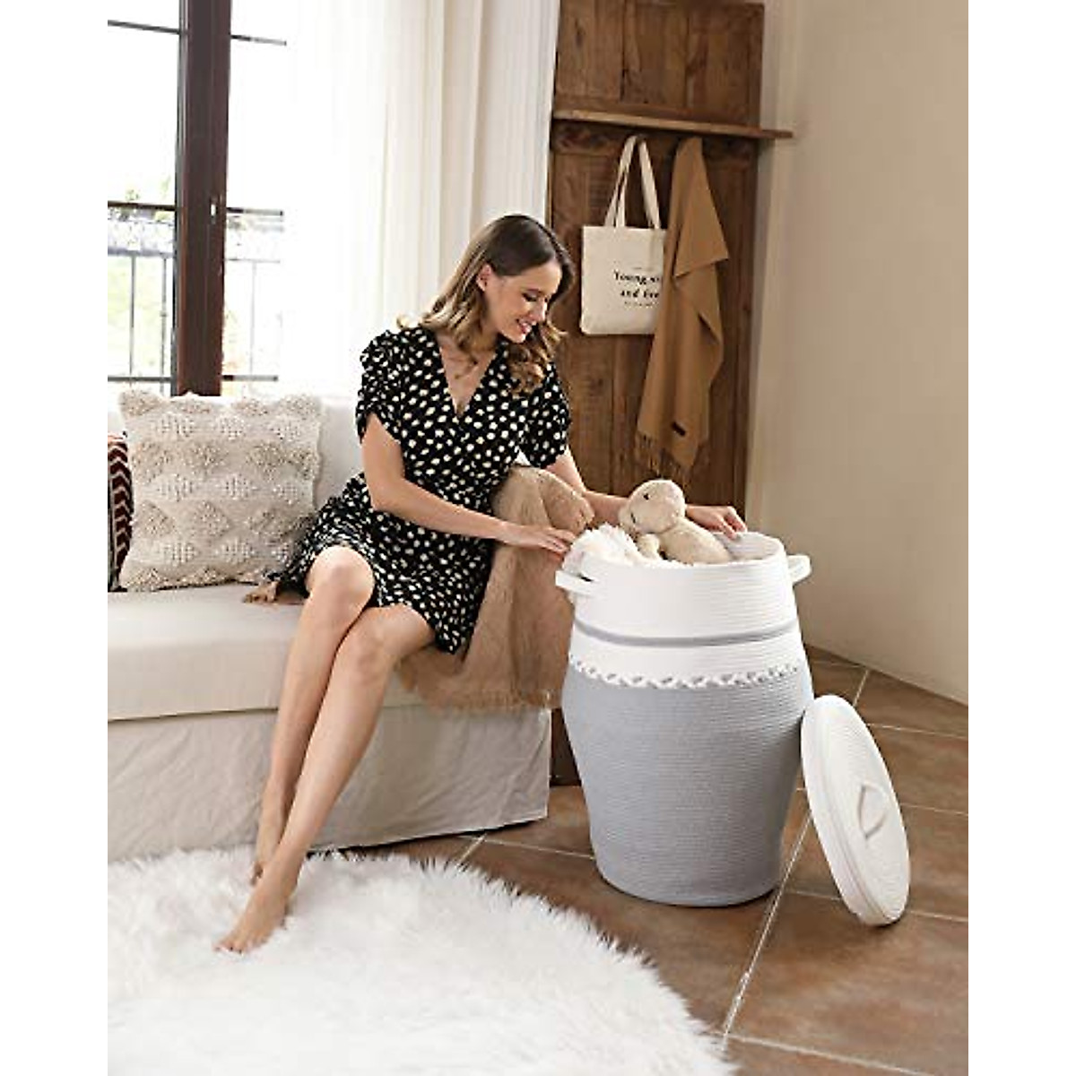 26" x 20" Tall Extra Large Storage Basket with Lid, Cotton Rope Storage Baskets, Woven Laundry Hamper with Cover, Toy Storage Bin, for Toys Blanket in Living Room, Baby Nursery, White/Grey