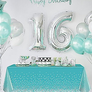 3 Pieces Teal Blue and Silver Dot Tablecloth Plastic Confetti Rectangle Disposable Table Cover for Birthday Wedding Baby Shower Engagement Anniversary Bachelorette Party, 54 x 108 Inch