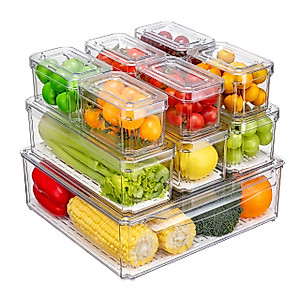 Pure Future Set of 10 Refrigerator Organizer Bins Stackable with Lids, Fridge Organizers and Storage Clear, BPA-Free, Fridge Storage Containers for Fruits & Vegetables