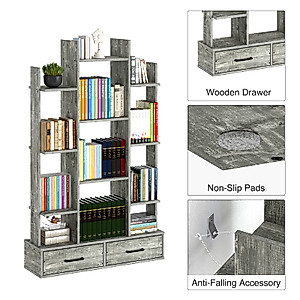 Rolanstar Bookshelf with 2 Wooden Drawers, Rustic Wood Bookshelves, Free Standing Book Shelf Industrial Shelf Free Standing Storage Shelf for Bedroom, Living Room, Home Office, Light Grey
