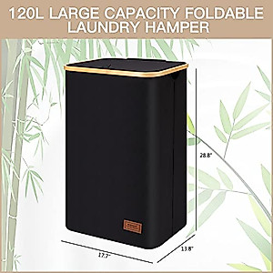 DOFASAYI Laundry Hamper with lid - 120L XL- Large Laundry Basket with Bamboo Handles, Portable Clothes Hamper for Dorm Room, Bathroom, bedroom, Grey foldable Hamper for Toys, closet, Clothing,Black