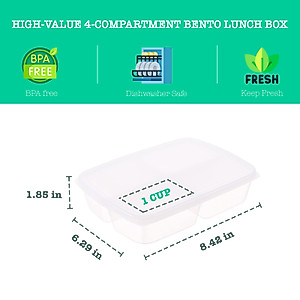 TeTeBak Bento Box - 4-Compartment Reusable Bento Lunch Box for School, Work, and Travel, Food Prep Containers, Snack Containers for Kids, Portion Control Bento Lunch Box for adult, Set of 2, Clear