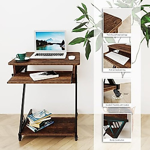 ALISENED Computer Desk for Small Spaces,23.6" Z-Shaped Compact Study Table with Smooth Keyboard Tray,with Wheels and Bottom Shelves for Home Office，Computer Cart Mobile Laptop Cart