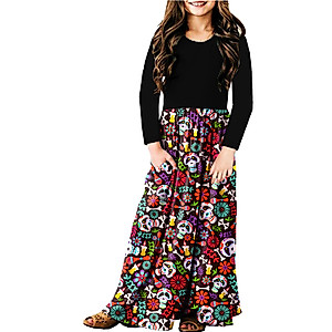 Girl's Halloween Dresses Sugar Skull Day of The Dead Skeleton Cosplay Maxi Dress 11-12 Years
