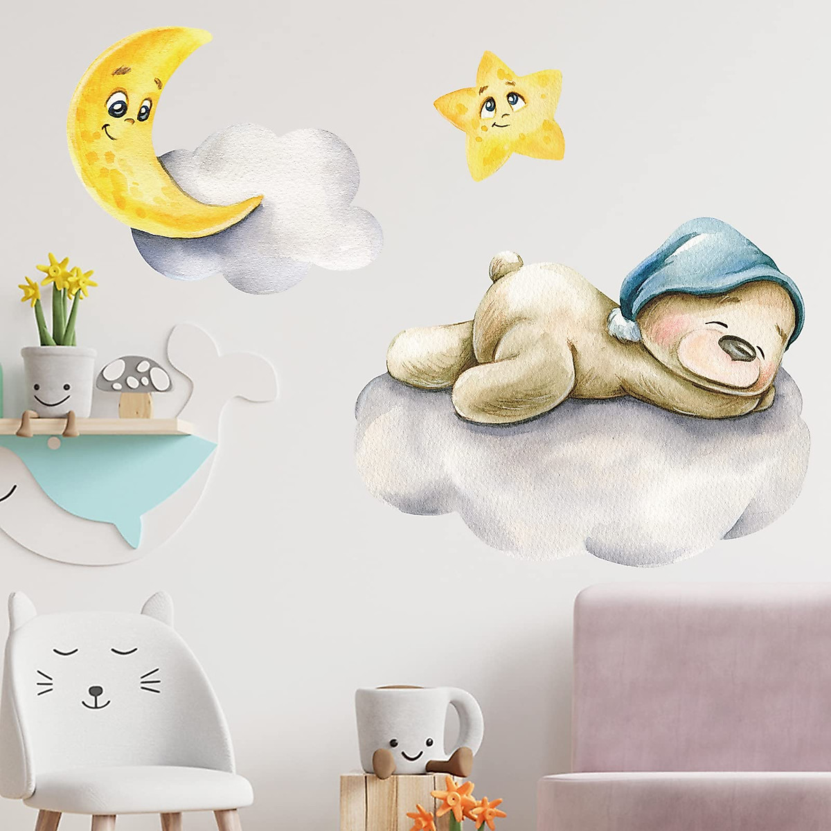 Cute Bear Sleeping Wall Stickers Baby Decor for Nursery Bear Wall Decals for Kids Bedroom Playroom