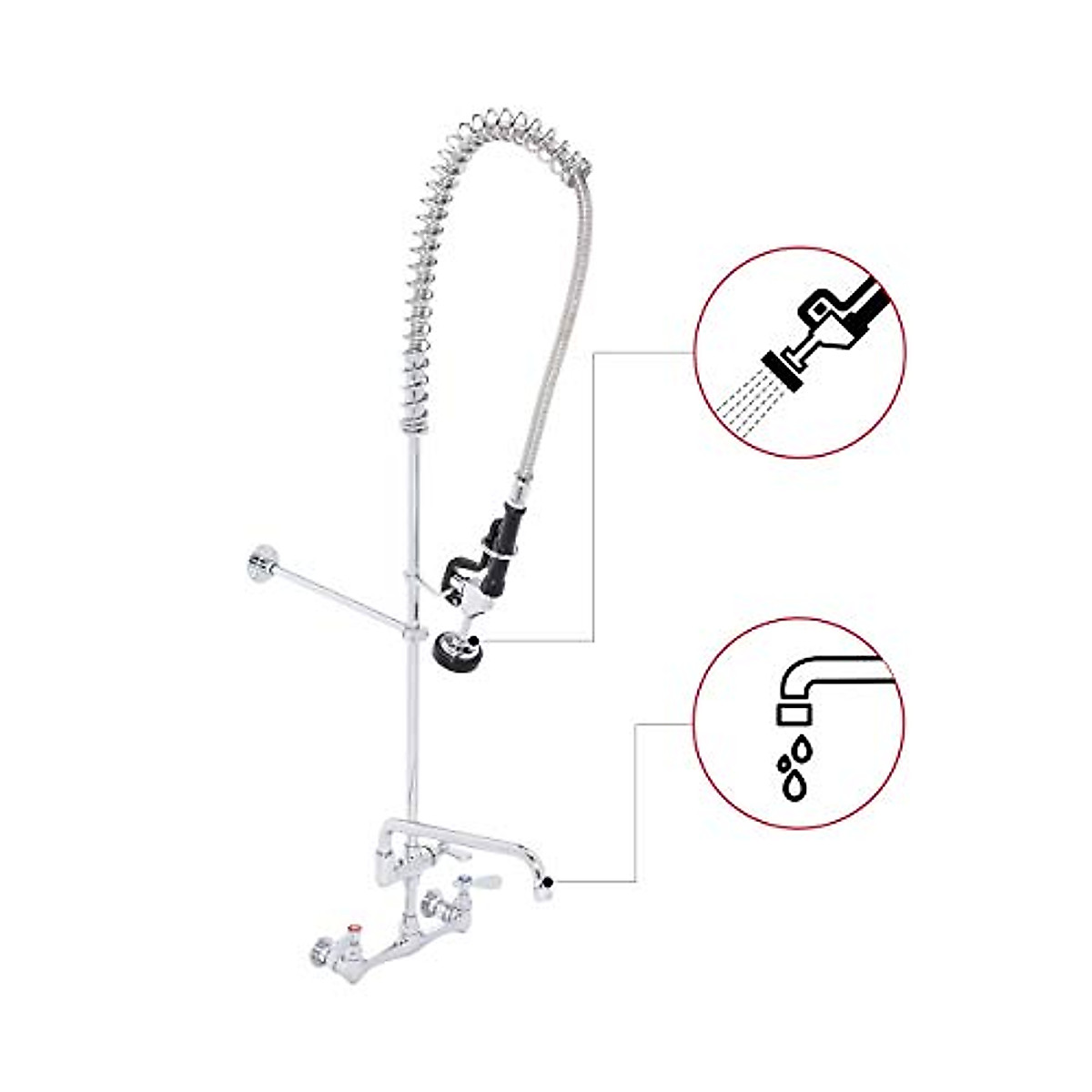 Commercial Kitchen Sink Pre-Rinse Faucet - DuraSteel 42" Height 8" Center No-Lead Wall Mount Industrial Faucet w/ Pull Down Pre-Rinse Sprayer & 12" Add-on Swing Spout - NSF Certified