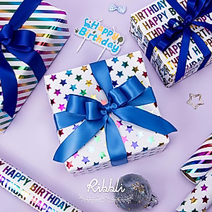 Ribbli Birthday Wrapping Paper Iridescent Gift Wrap Mini Roll, 3 Rolls Happy Birthday Stars Stripes Printed for Boys Kids - 17 inch x 120 inch(10feet) Per Roll