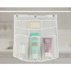 Home-X Hanging Mesh Shower Organizer, Bathroom Shower Organizer for Essentials, Shower Storage Pockets for Shampoo, Conditioner, Soap, and More, 17 ¼" L x 15 ¾" W, White