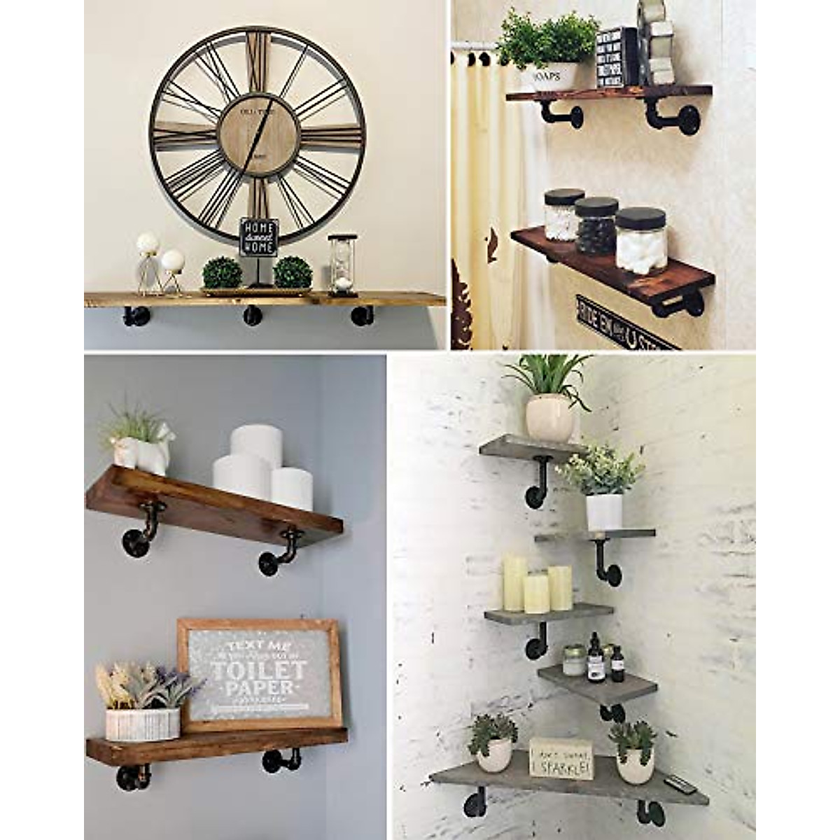 LuckIn Pipe Shelf Brackets for DIY 8 10 12 14 Inch Floating Shelves, Industrial Iron Pipe Bracket, Heavy Duty Metal Shelving Brackets, Black, 6-Pack