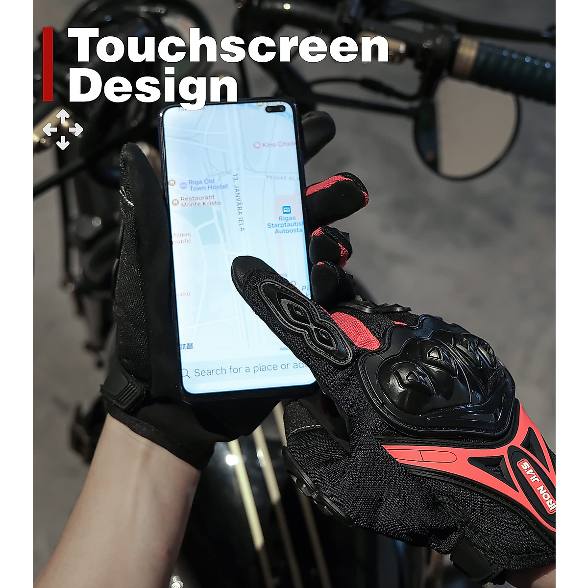 IRON JIA'S Motorcycle Gloves Full Finger Durable for Road Racing Bike Summer Spring Powersports Support Touch Screen red-L