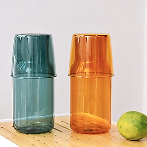 Sappiedear Bedside Glass Water Carafe Set with Cup, Glass Carafe with Lid Mouthwash Cups for Bedroom Bathroom Juice Wine Milk 19oz