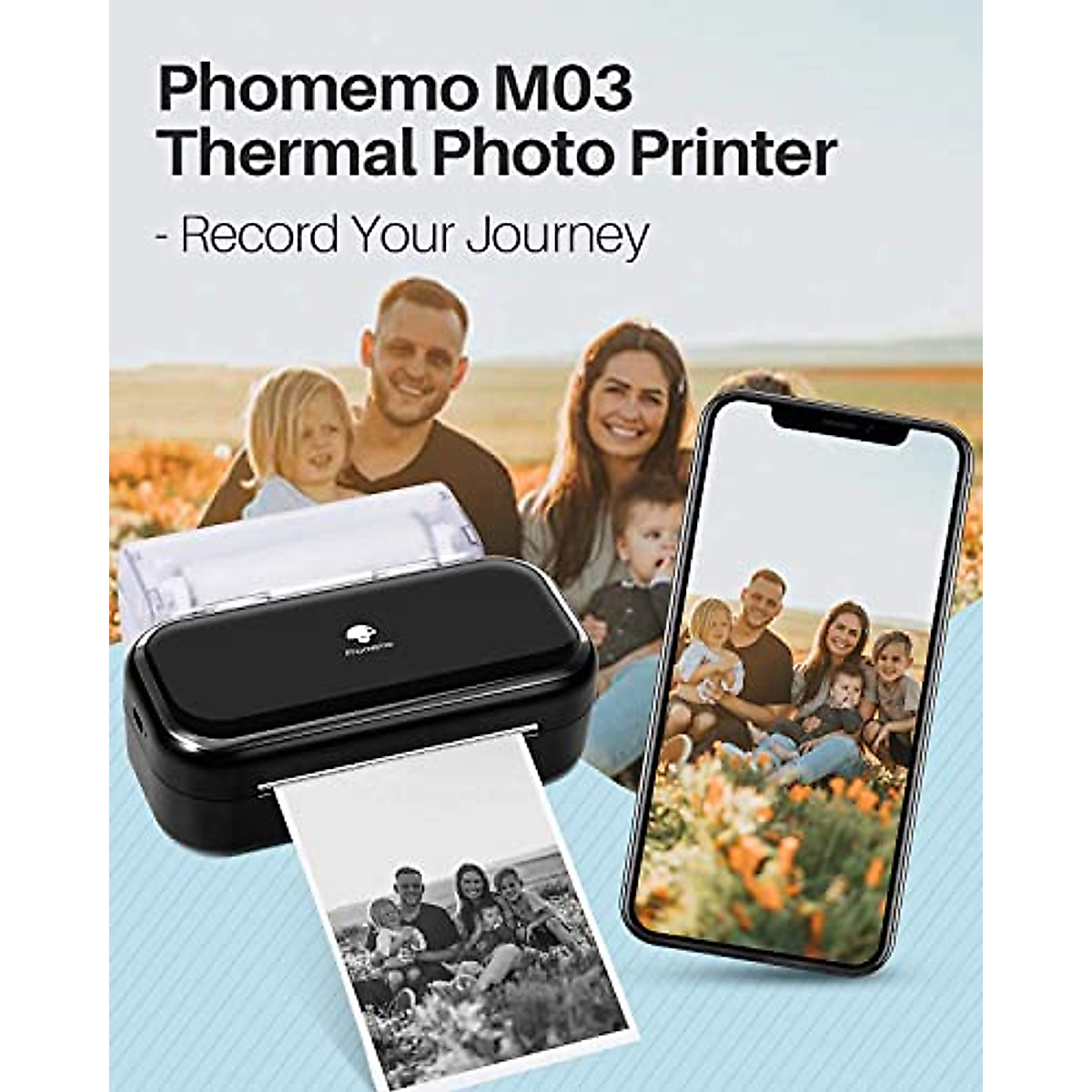 Phomemo M03 Pocket Printer- Portable Printer Photo Printer with 3 Roll 3 Inch Black on White, 77mm x 3.5m, 3 Inch X 11.5 ft, Compatible with iOS + Android for Photos, Journalist, Work, Plan-Black