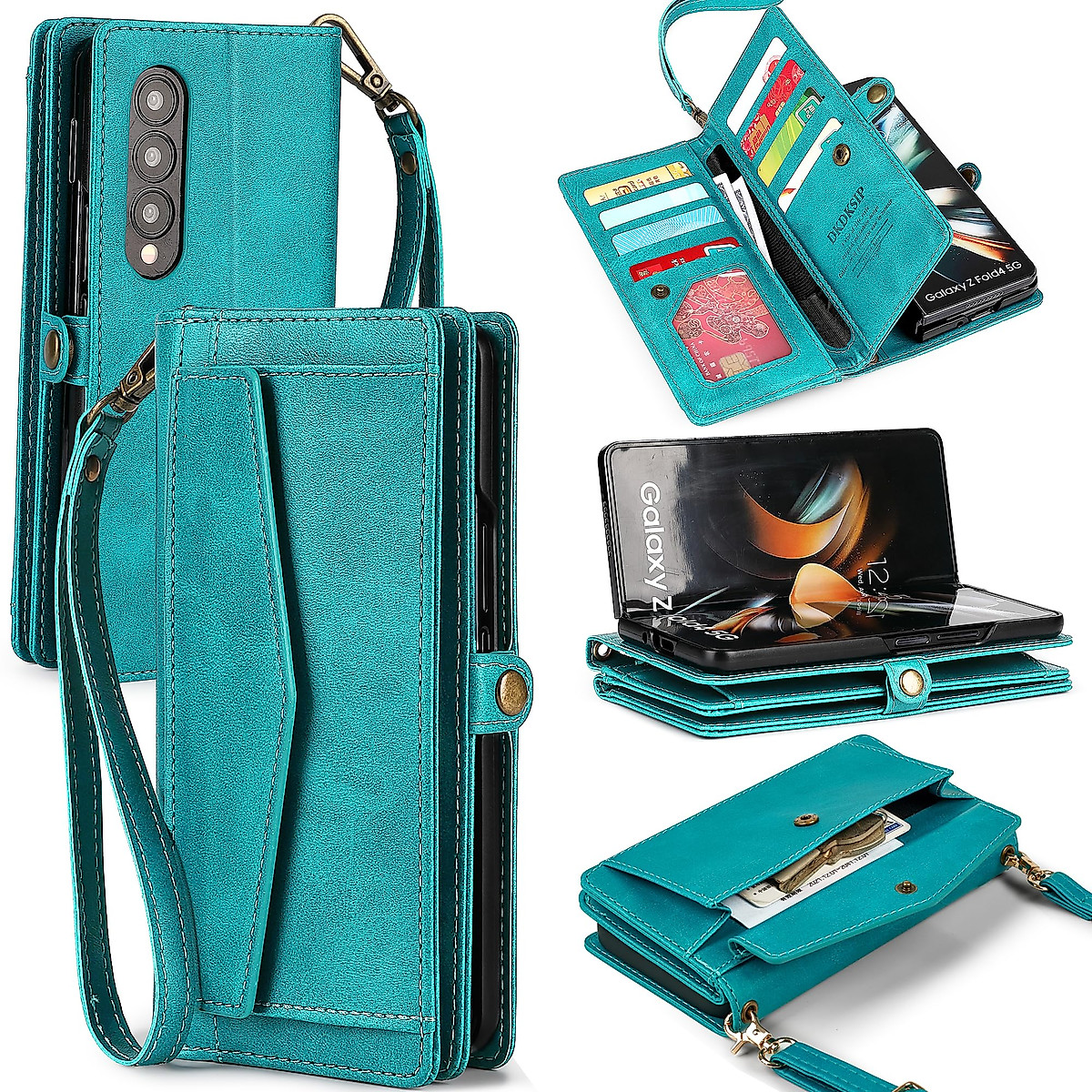 DKDKSIP for Samsung Galaxy Z Fold 5 Wallet Case for Women, RFID Blocking Card Holder, PU Leather Flip Phone Case with Crossbody Strap Wristlet Kickstand for Galaxy Z Fold 5, Blue