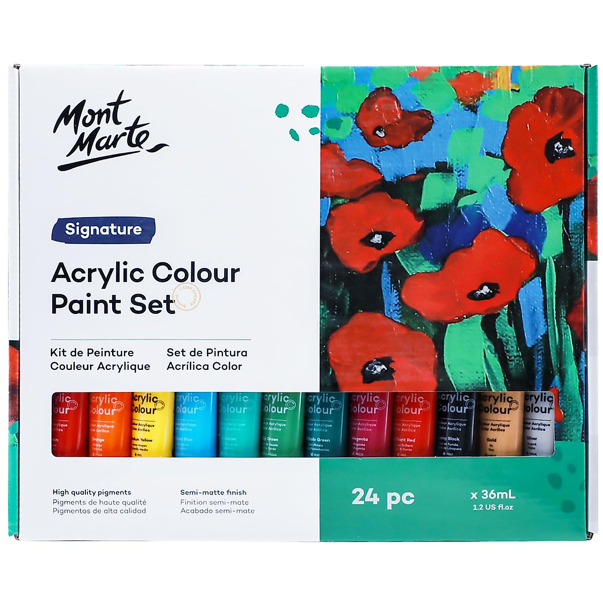 Mont Marte Acrylic Paint Set 24 Colours 36ml, Perfect for Canvas, Wood, Fabric, Leather, Cardboard, Paper, MDF and Crafts