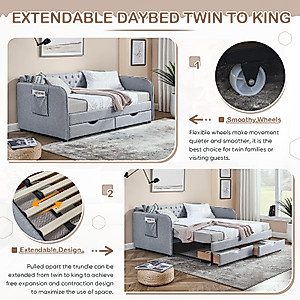 Antetek 80.5" Daybed with Drawer, Modern Button Tufted Linen Day Bed with Trundle Bed Twin to King, Upholstered Daybed Frame w/Storage Pocket for Bedroom, Living Room, No Box Spring Needed, Grey