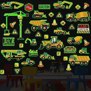Gersoniel Glow in The Dark Truck Stickers Construction Wall Decals Cartoon Wall Stickers Truck Car Excavator Decorative Wall Stickers Glowing Construction Wall Stickers for Bedroom Nursery
