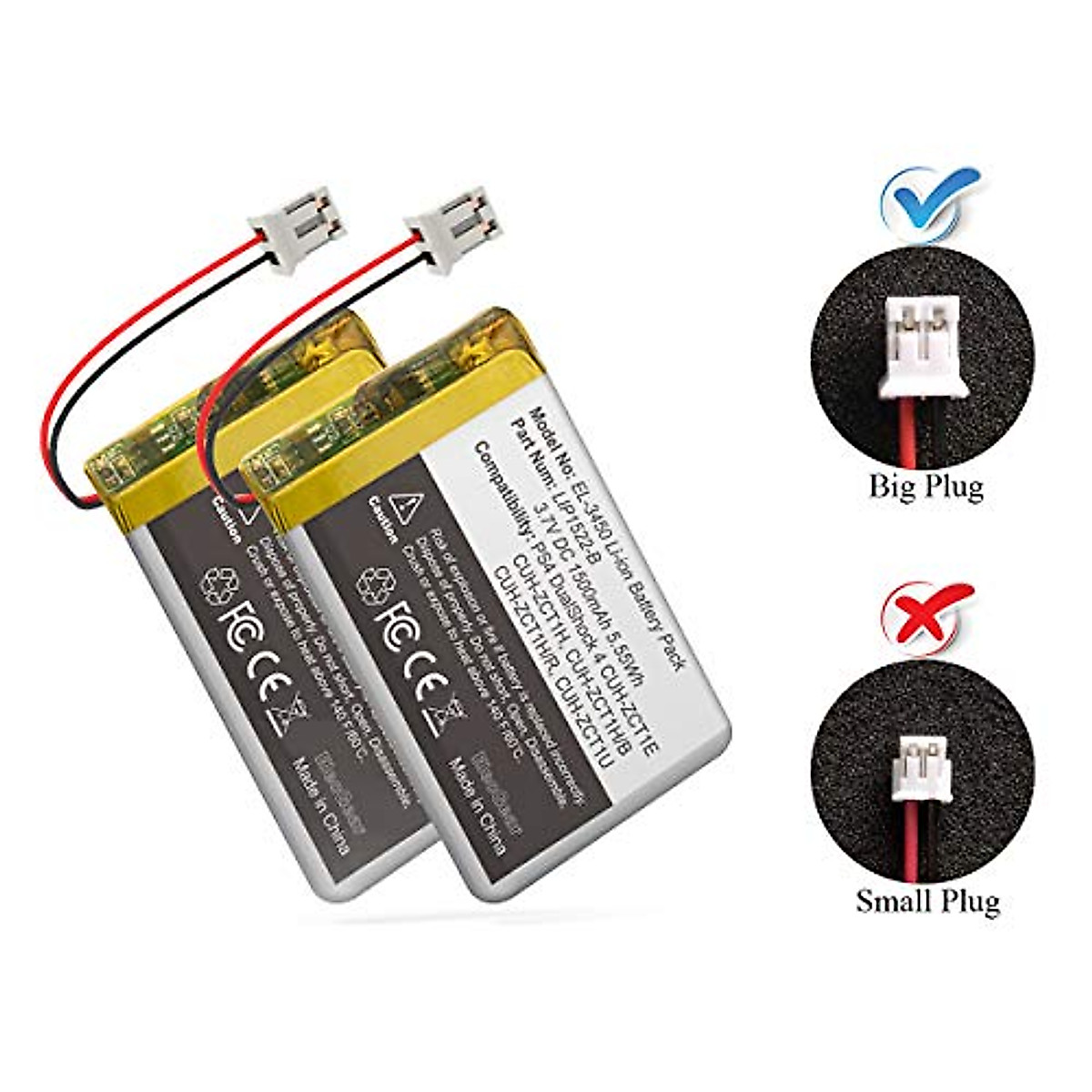 ElecGear 2PC Replacement Battery Pack for PS4 Controller V1-3, 1500mAh Li-ion Rechargeable Battery for PlayStation 4 DualShock CUH-ZCT1 Series LIP1522 with Big Plug, Repair Tool Kit Included