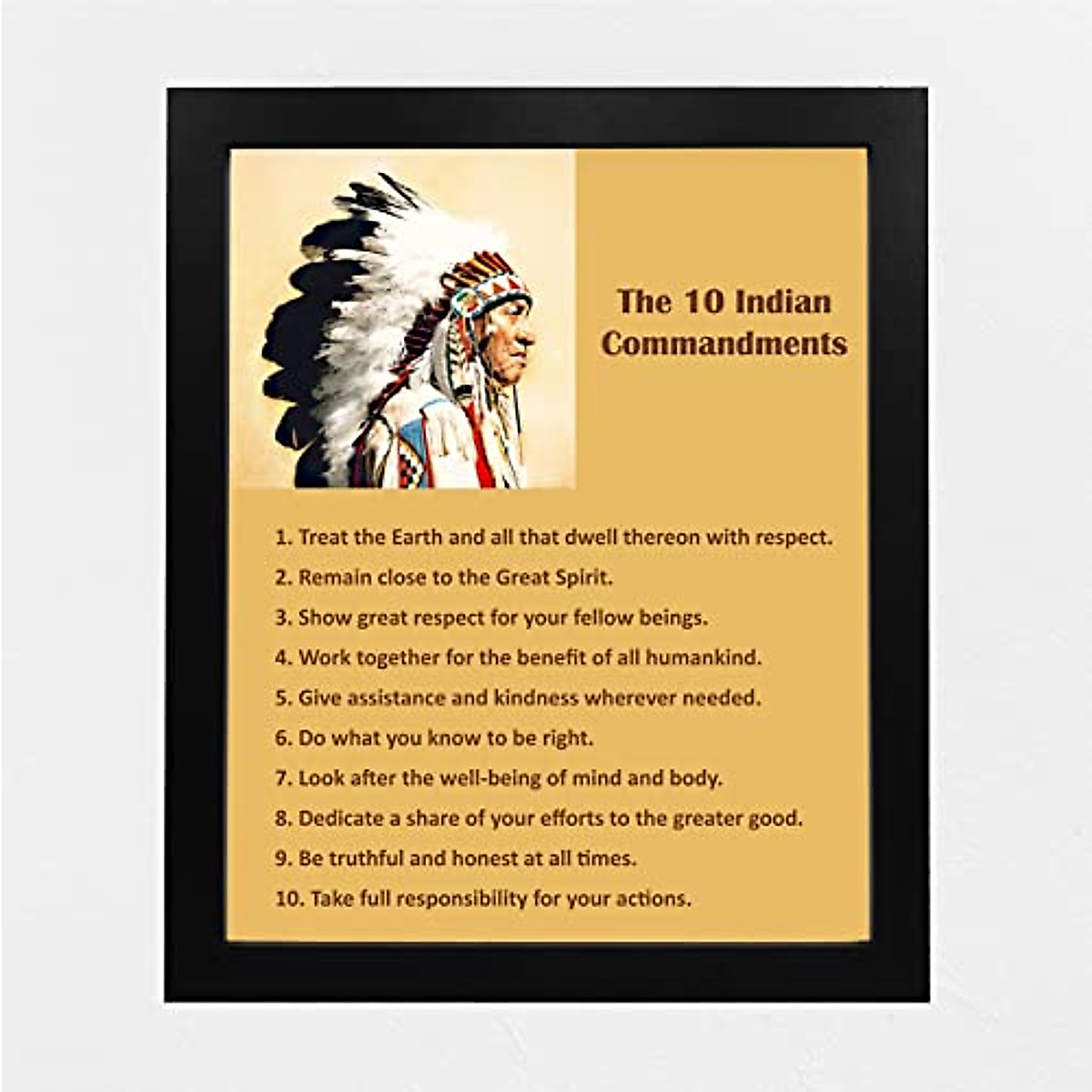 "The 10 Indian Commandments" Vintage Native American Wall Art -8 x 10" Motivational Spiritual Print w/Indian Chief Image-Ready to Frame. Inspirational Home-Office-Classroom-Library Decor. Great Gift!