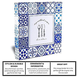 Cookbook Recipe Binder/Organizer, Blue Pattern 3-Ring Binder to Hold All Your Recipes and Recipe Cards, 6 Tabbed Divider Sections, 50 Matching Recipe Cards Included