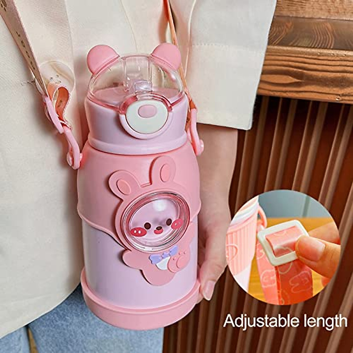 ZTGD Cute Insulated Water Bottle 500ml for Kid&Lady,Kawaii Thermos Cup with Straw,Hanging Rope&Cute Pattern,Stainless Steel Coffee Vacuum Thermos Bottle Keep Drinks Hot or Cold for Travel,School,Offi