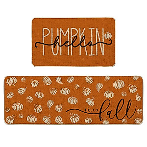 Artoid Mode Orange Hello Pumpkin Fall Kitchen Mats Set of 2, Autumn Home Decor Low-Profile Kitchen Rugs for Floor - 17x29 and 17x47 Inch