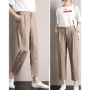 IXIMO Women's Tapered Pants 100% Linen Front Pleated with Button Closure Elastic Waist Trousers Dark Khaki Large