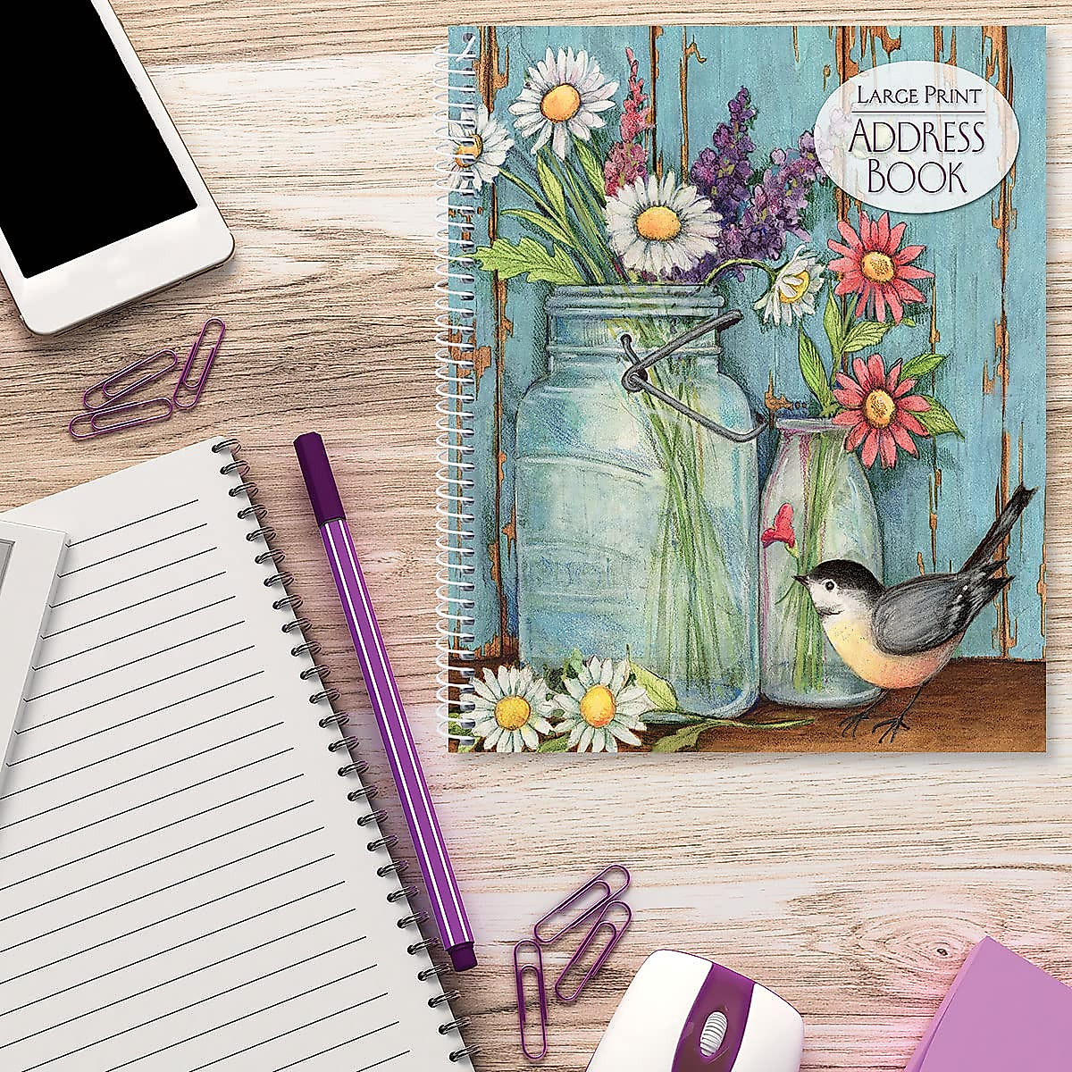 Large Print Jar Address Book by Susan Winget - Large Print Address Book, 56 Pages, Big 7 inch by 8-1/2 inch, Spiral-Bound, Easy Reading Legible Print Forms