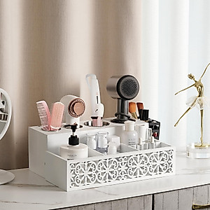 TRSPCWR Hair Tool Organizer, White Hair Dryer Holder, Bathroom Countertop Blow Dryer Holder with Side Basket, Hollow Out Design, Vanity Caddy Storage Stand for Makeup, Toiletries