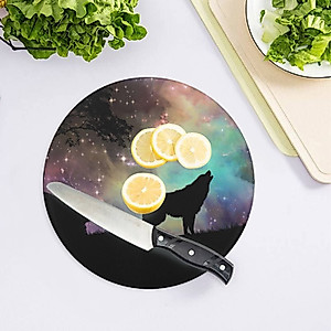 Bagea-Ka Space Starry Galaxy Wolf Animal Pattern Tempered Glass Cutting Board 8" Round Kitchen Decorative Chopping Board Small
