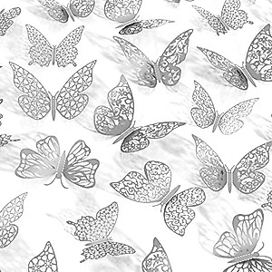 3D Butterfly Wall Decor - 72 PCS 3 Sizes 6 Styles Silver Butterfly Decorations - Butterfly Birthday Decorations Butterfly Party Decorations/Butterfly Cake Decorations/Butterfly Stickers for Birthday Kids Bedroom Nursery Wedding