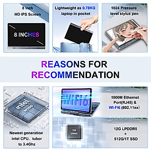 KOOSMILE Mini Laptop,8 inch HD Touch Screen Mini Computer Windows 11 Pro,Intel N100 4 Cores 2-in-1 Pocket PC 12GB LPDDR5 RAM 512GB M.2 SSD, Gigabit | Wi-Fi 6 | BT5.2 | 2MP Camera | G-Sensor | HDMI