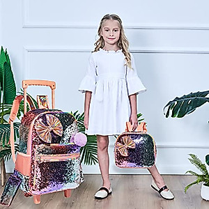kids Rolling Kid Travel Toddler Duffle Bag Bow Tie Backpack for Girls Carry on Luggage Roller Computer Suitcase with Pencil Case and Lunch Box Wheels Wheeled Sequins Backpacks Girls Gradient Champagne