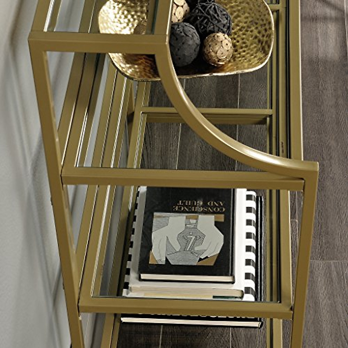 Sauder International Lux Console Table 5 Tier Modern Metal Multipurpose Sofa Table Bookcase with Glass Shelving, in Satin Gold