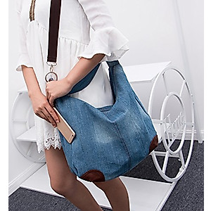 Dreams Mall(TM Women's Handbag Denim Purse Hobo Tote Top Handle Jean Shoulder Crossbody Bags,Light Blue