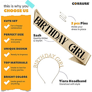 CORRURE 'Birthday Girl' Sash and Headband Tiara - Gold Glitter with Black Foil Happy Birthday Sash and Tiara for Women - Party Favors Supplies and Decorations for 18th 21st 30th 40th Bday Party