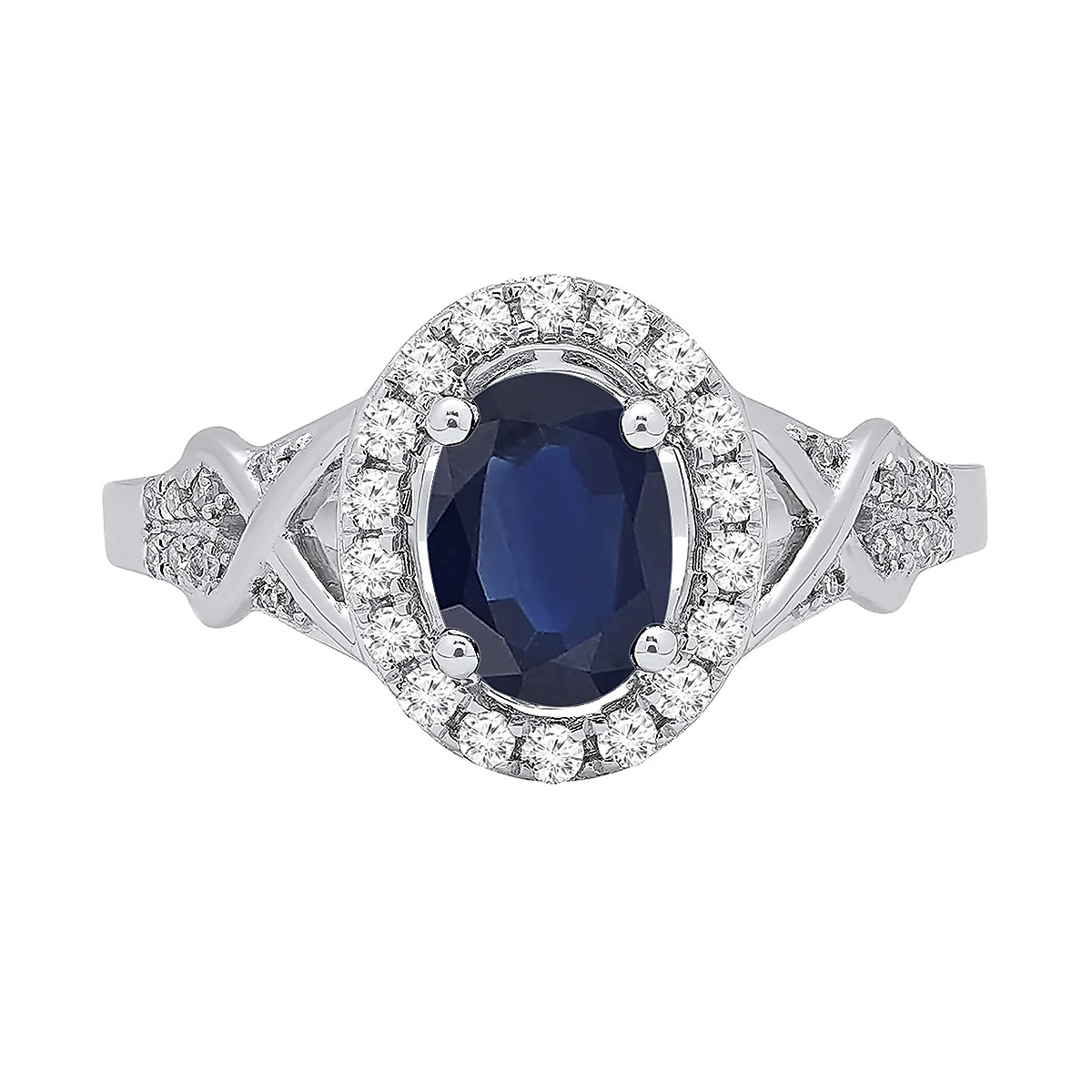 Dazzlingrock Collection 7x5mm Oval Blue Sapphire & Round White Diamond Split Shank Halo Engagement Ring for Women (0.25 ctw, Color I-J, Clarity I2-I3) in 10K White Gold, Size 7.5