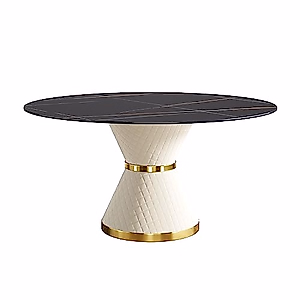 Modern 59" Marble Dining Table, Multifuntional Round Table for 6, Black Sintered Stone Tabletop Dining Table with Carbon Steel Base, Dining Room Table for Kitchen Reception Room, Black Top&White Legs